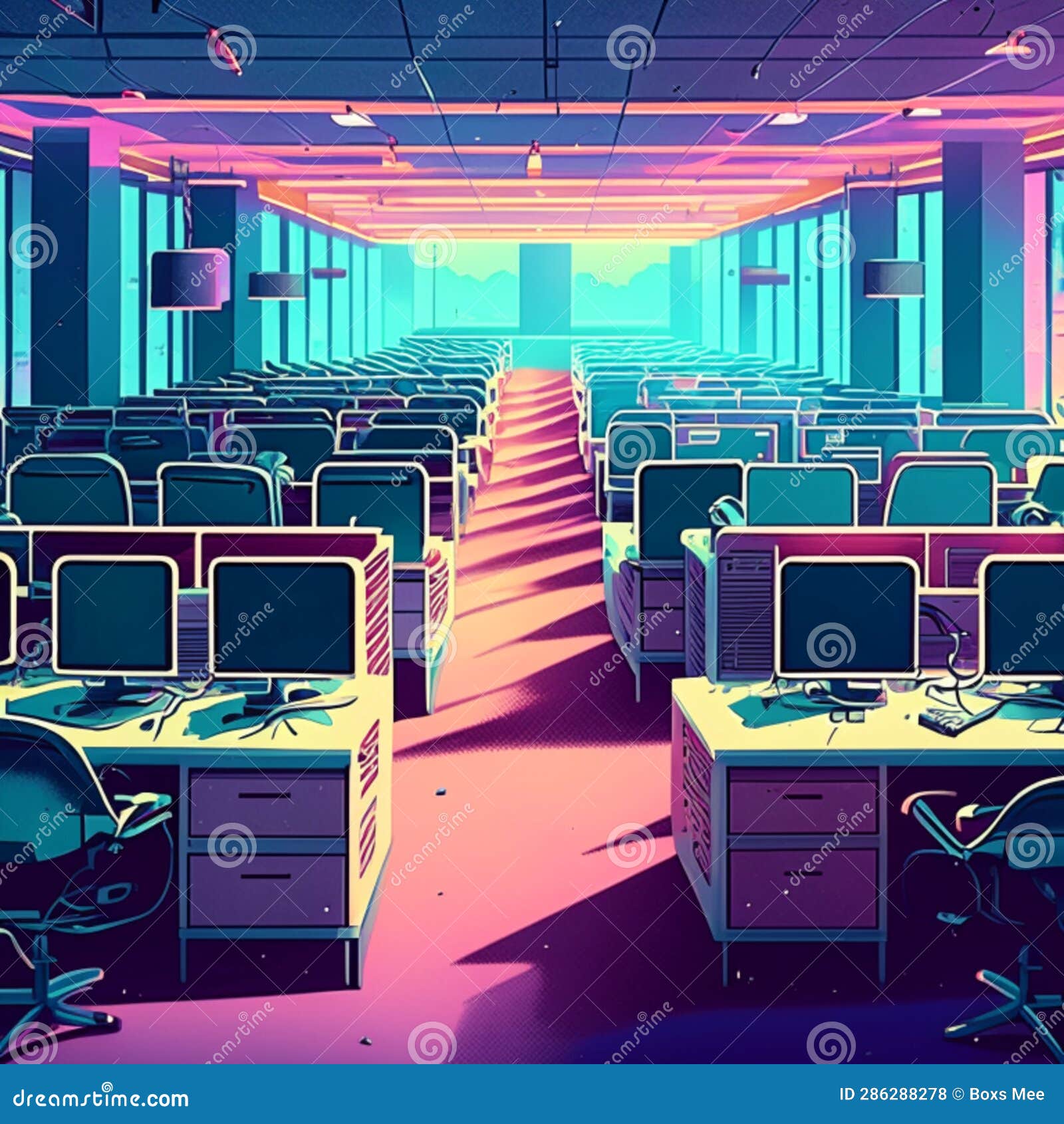 Computer Room with Rows of Computer Desks and Rows of Chairs. 3d ...