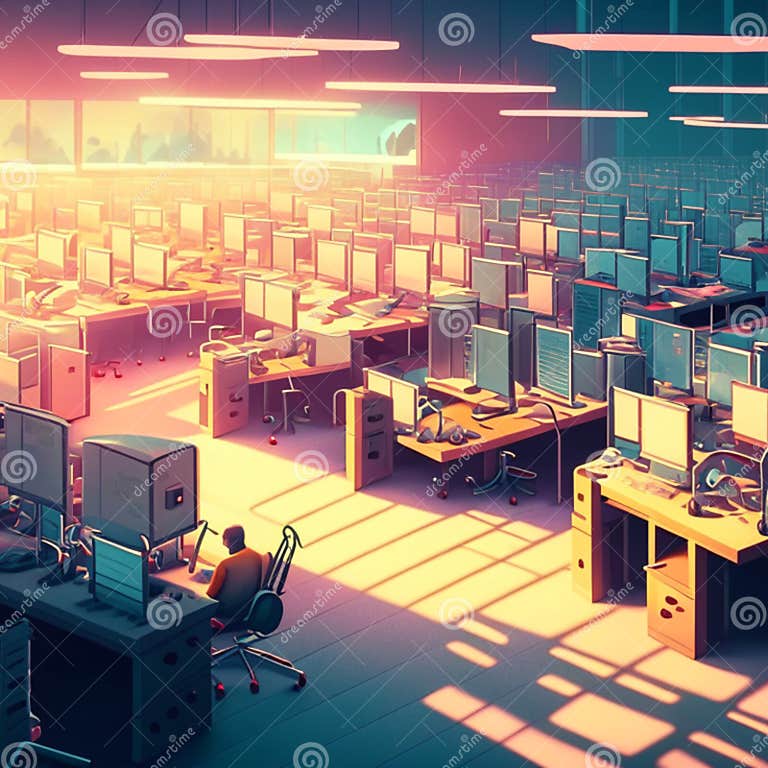 Computer Room with Rows of Computer Monitors. 3d Rendering, 3d ...