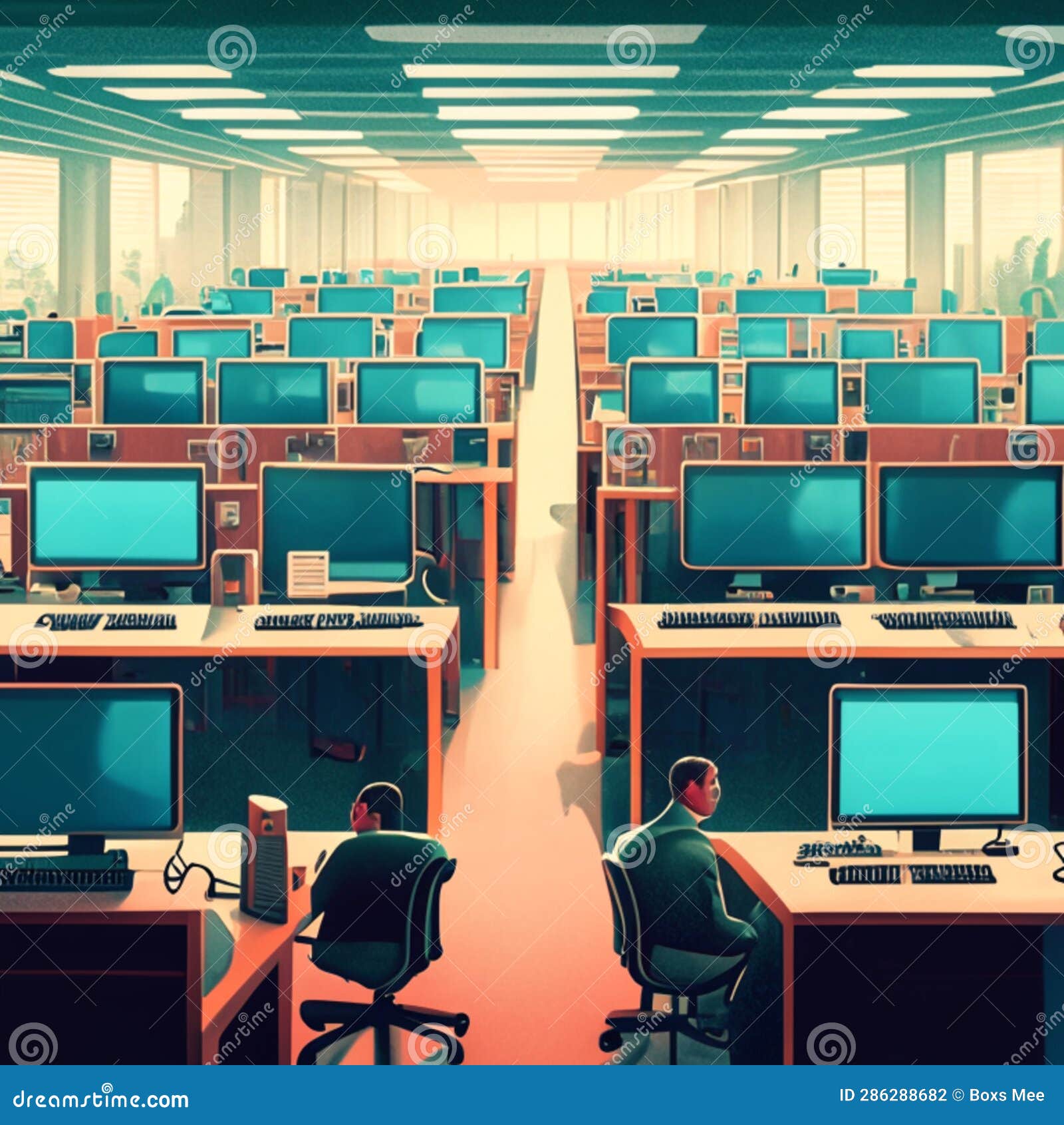 Computer Room with Rows of Computer Monitors, 3d Rendering, 3d Illustration AI Generated Stock ...
