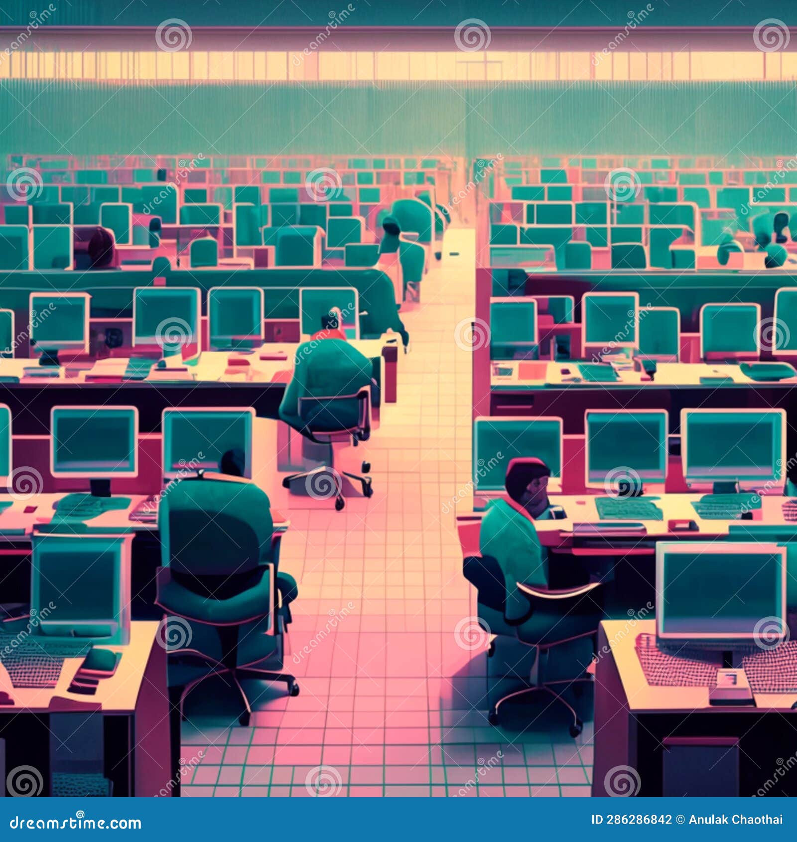 Computer Room with Rows of Computer Monitors and People Working in the ...