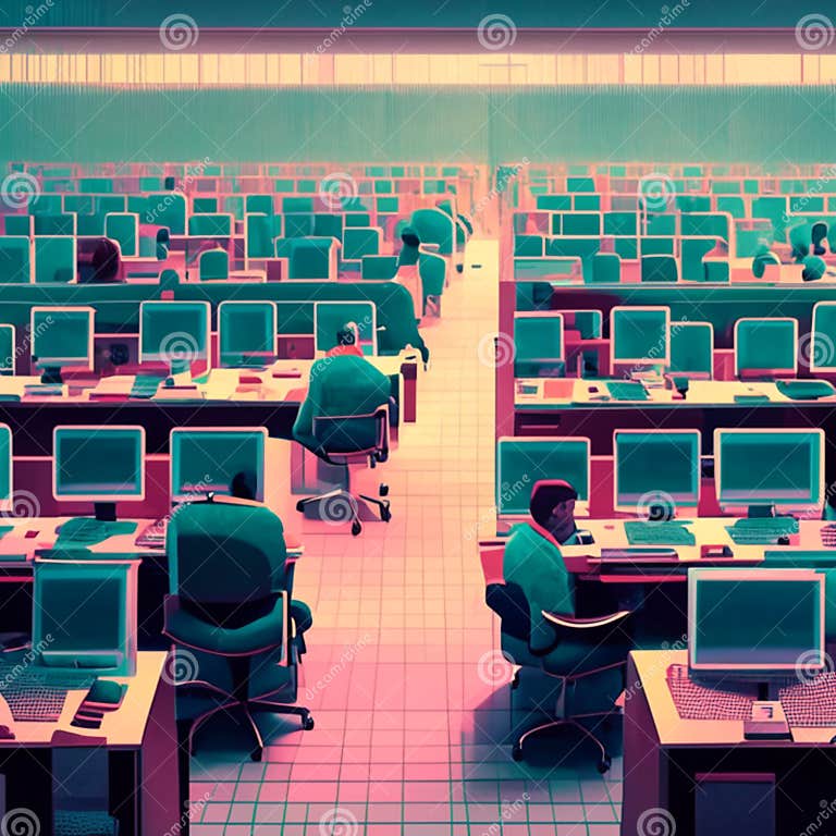 Computer Room with Rows of Computer Monitors and People Working in the Background AI Generated ...