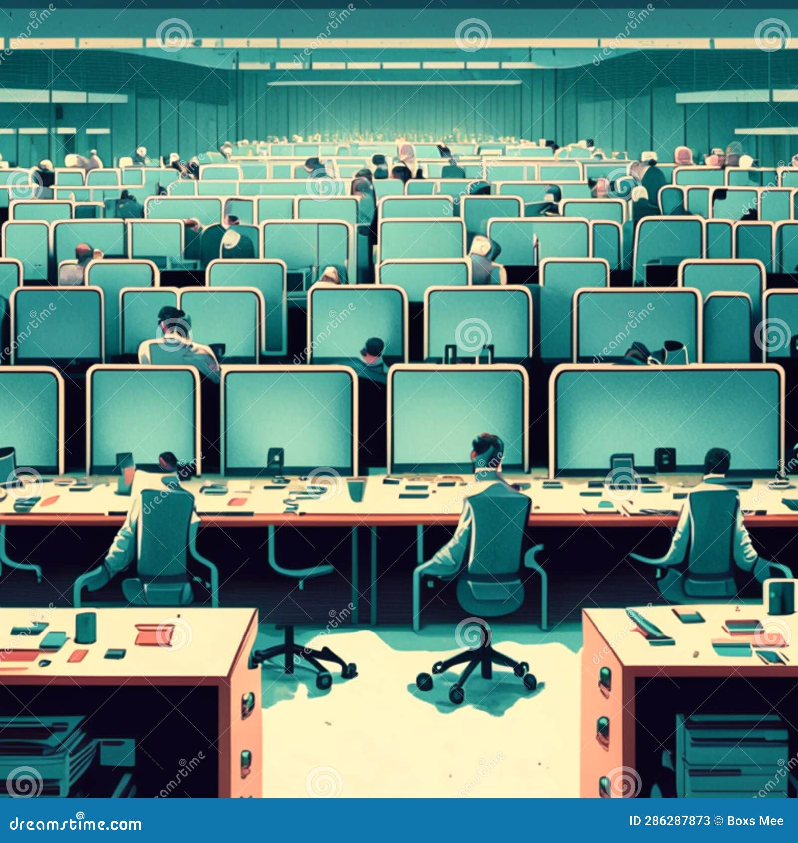 Computer Room with Rows of Computers. 3D Illustration. 3D CG. High Resolution Stock Illustration ...