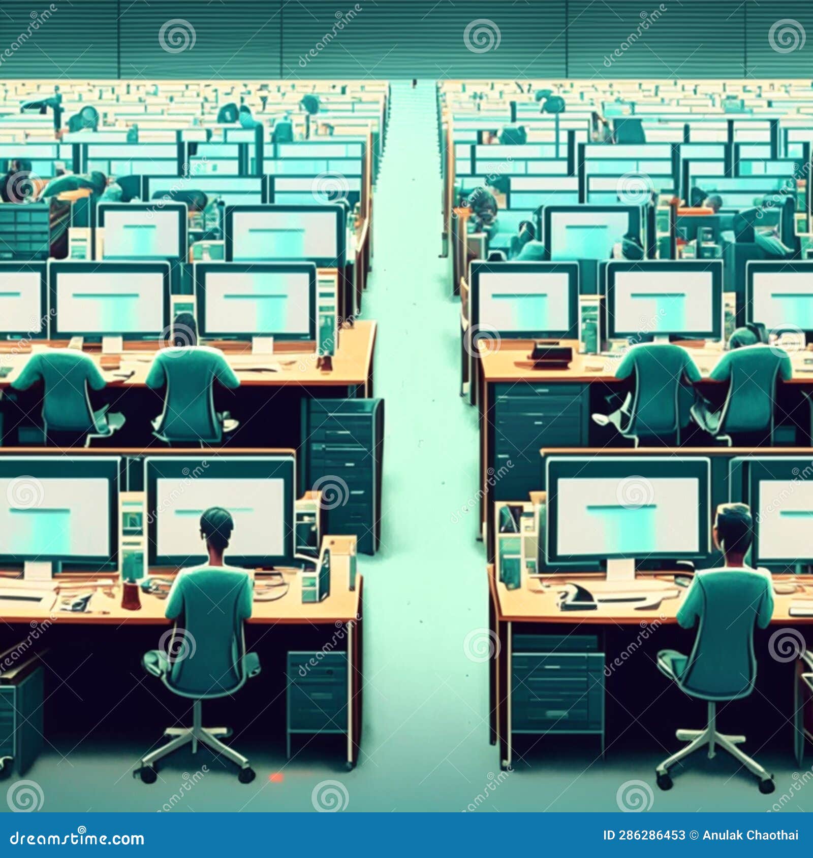 Computer Room with Rows of Computers. 3d Rendering, 3d Illustration ...