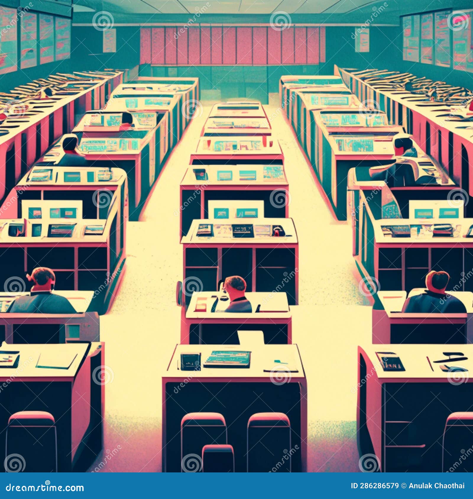 Computer Room with Rows of Computers. 3d Rendering, 3d Illustration Stock Illustration ...