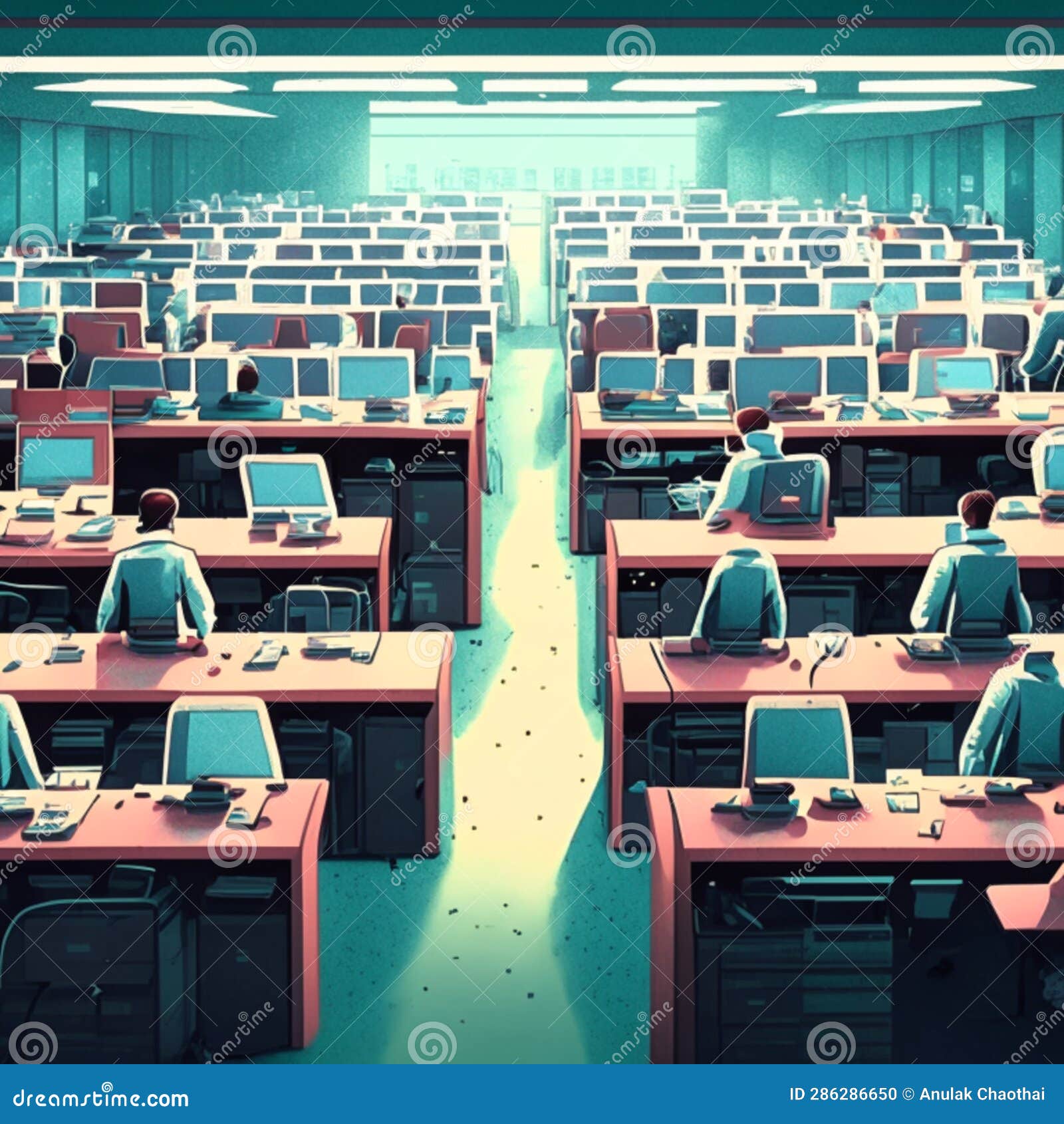 Computer Room with Rows of Computers, 3d Rendering, 3d Illustration ...