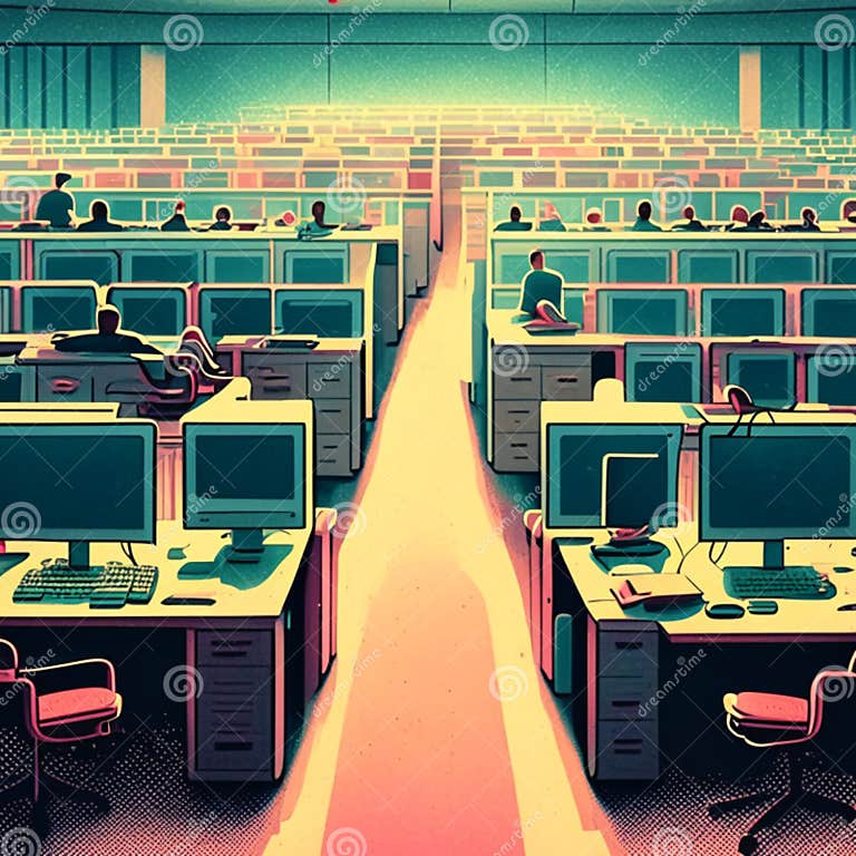 Computer Room with Rows of Computers. 3d Rendering, 3d Illustration ...