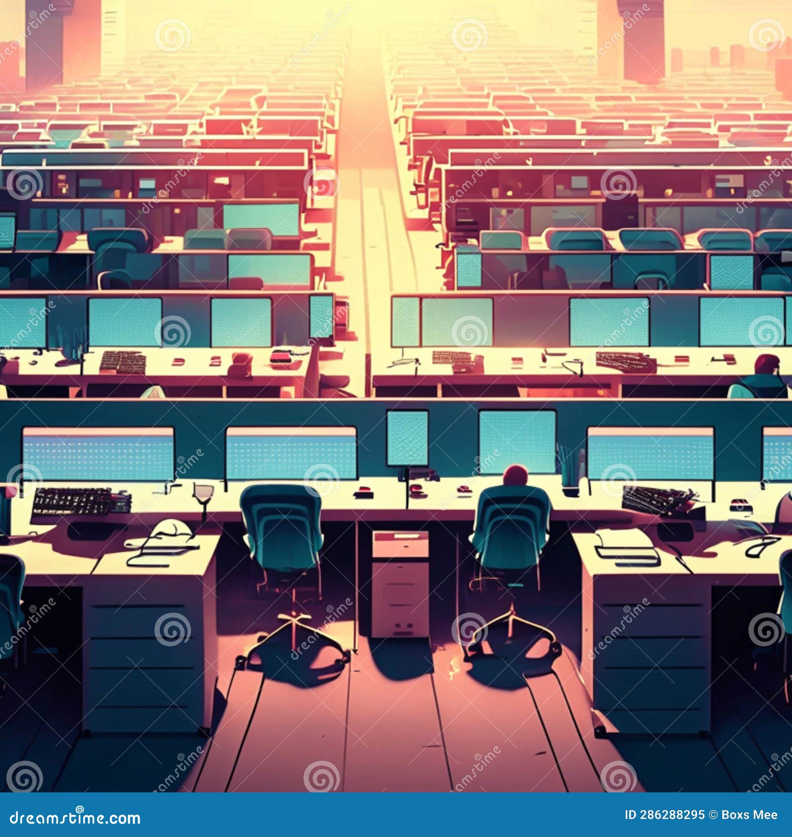 Computer Room with Rows of Computers. 3d Rendering. 3d Illustration Stock Illustration ...