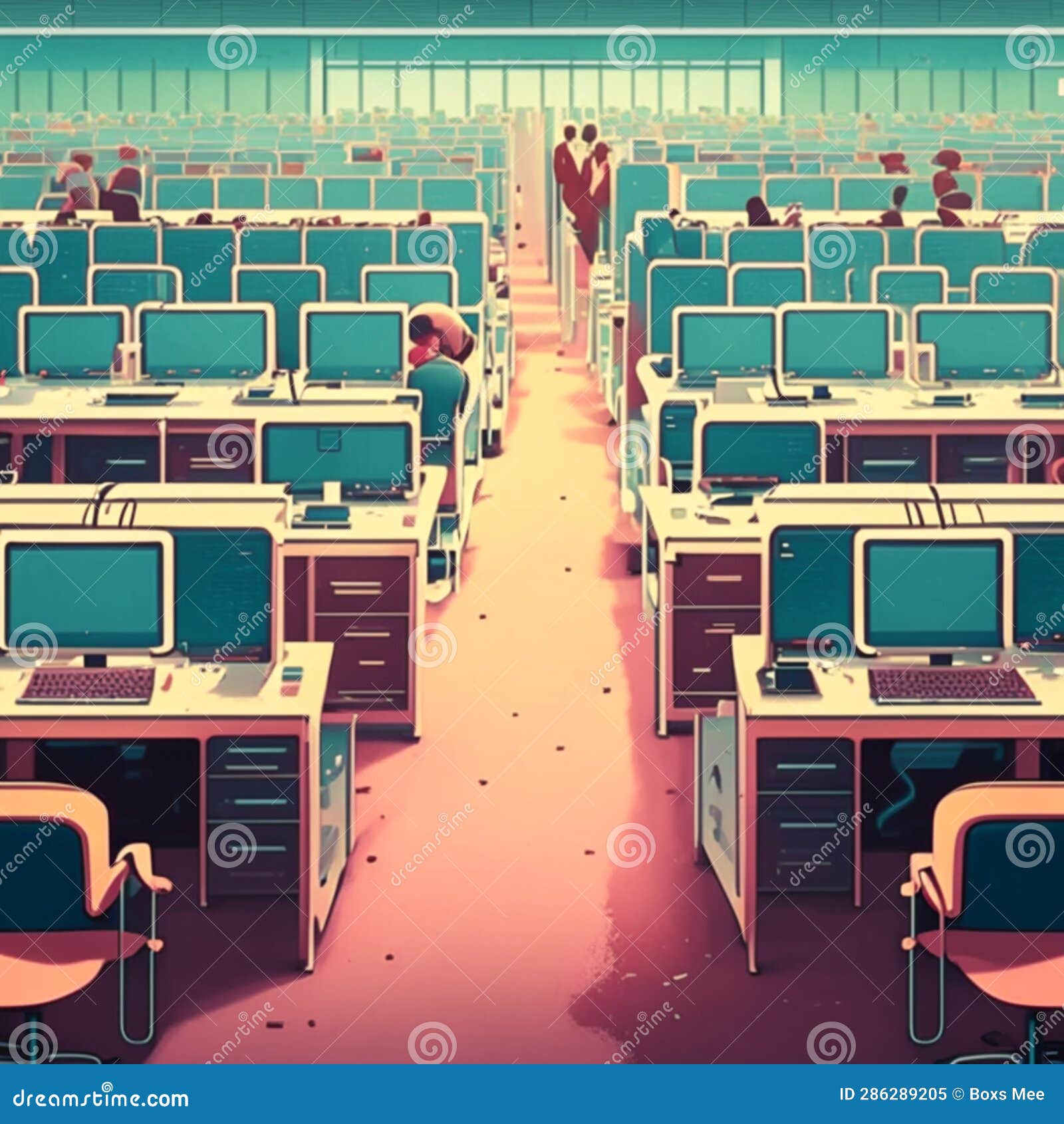 Computer Room with Rows of Computers. 3d Rendering, 3d Illustration ...