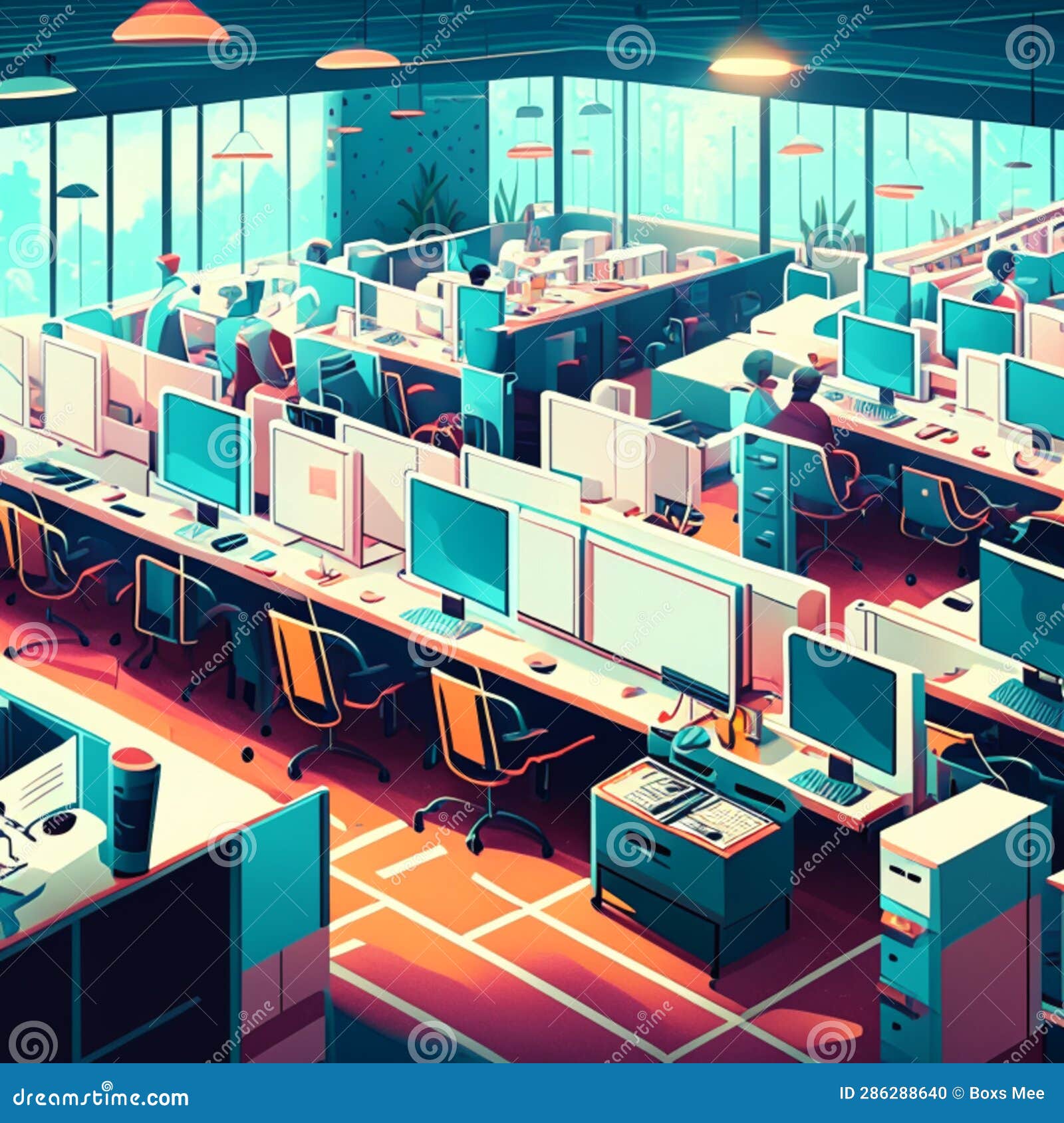 Computer Room with Rows of Computers in a Modern Office 3d Illustration ...