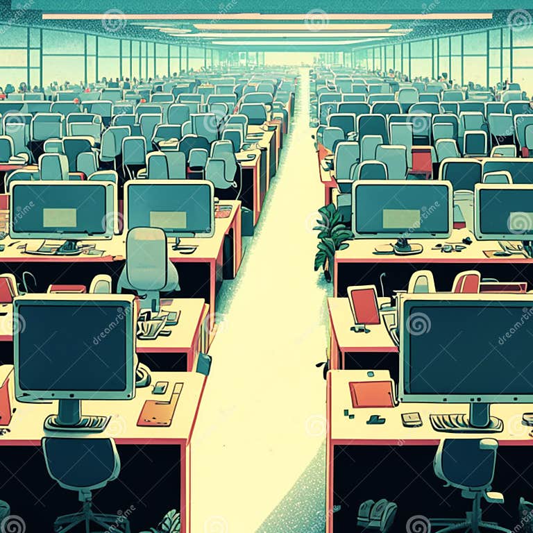Computer Room With Rows Of Desks And Computers 3d Illustration Stock
