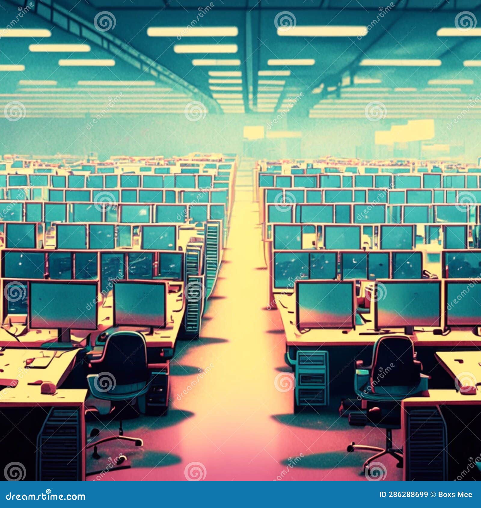 Computer Room with Rows of Computer Monitors. 3d Render Illustration ...