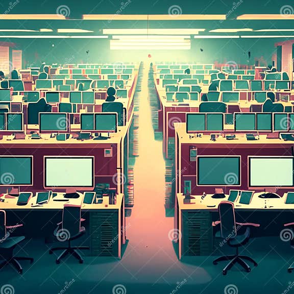 Computer Room with Rows of Monitors. Vector Illustration in a Flat ...