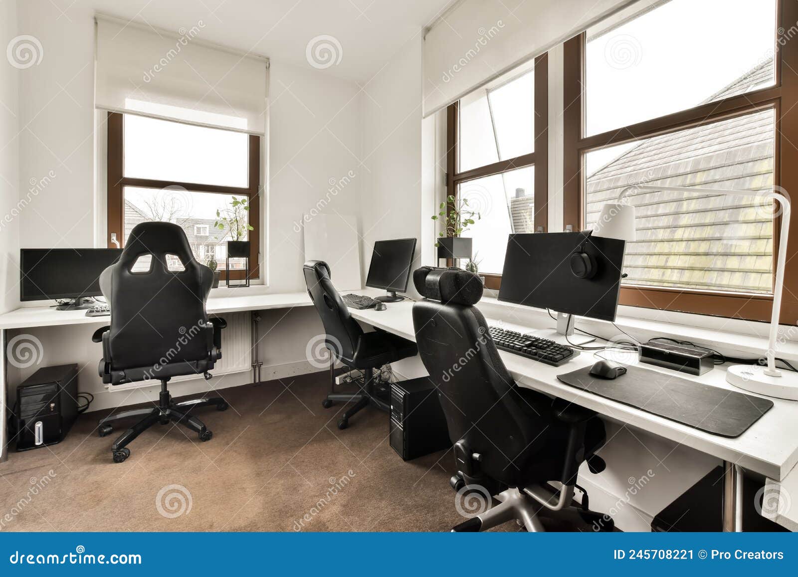 Computer Room with Three Workstations Stock Image - Image of room ...