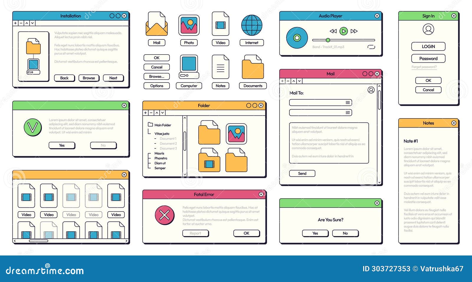 Computer 90s UI. Retro 80s and 90s Style GUI Panels with Buttons and ...