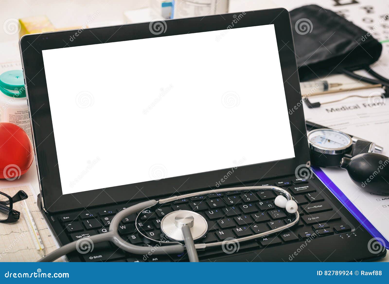Computer`s White Screen on a Doctor`s Desk Stock Photo - Image of ...