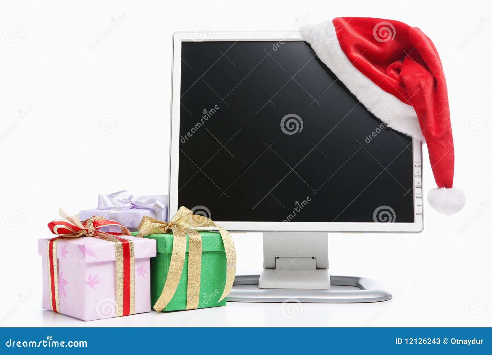 Computer, Santa Hat and Gifts Stock Image - Image of ribbon, isolated ...