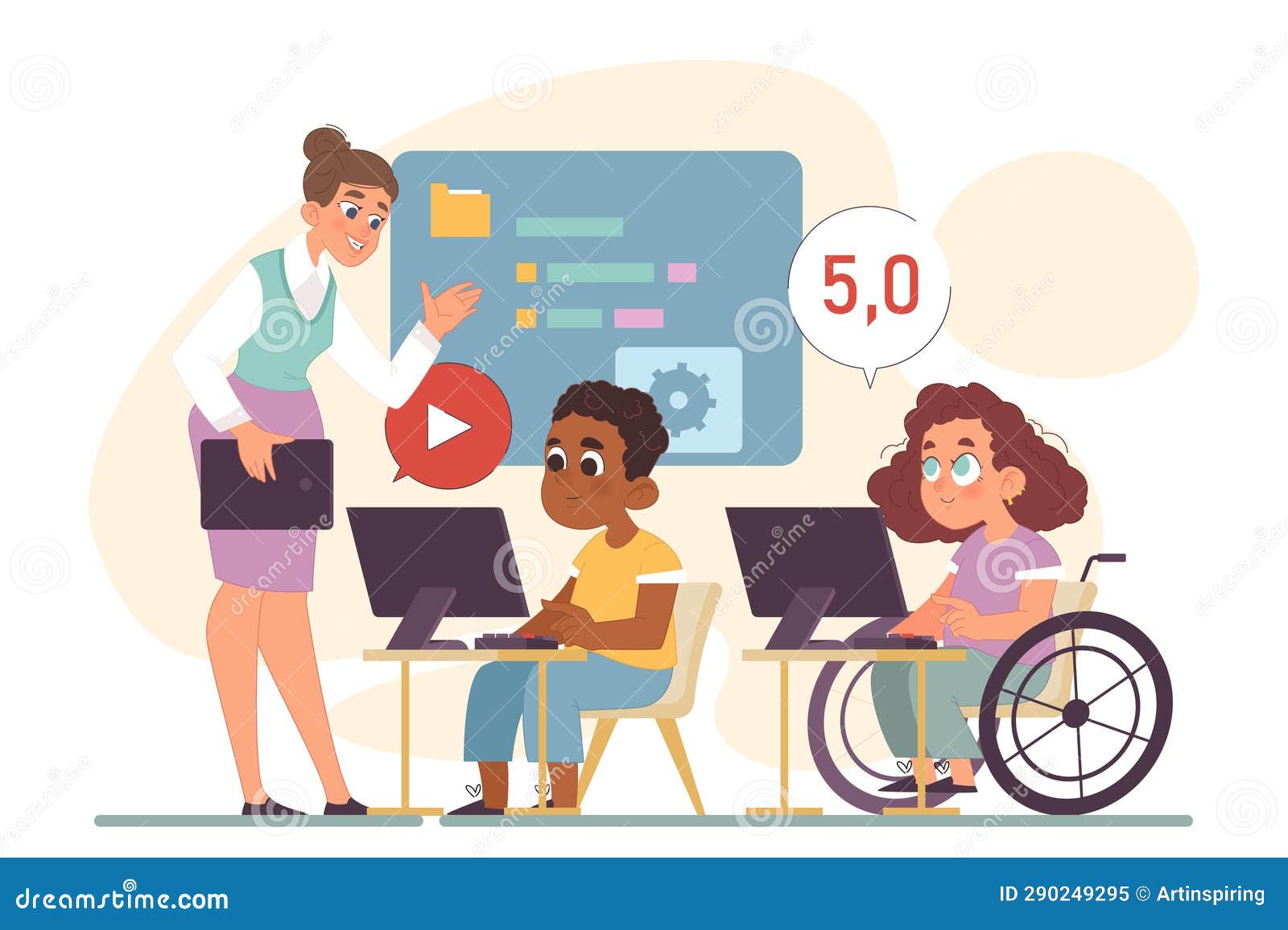 Computer Science Class for Kids. Diverse Children Programming Stock ...