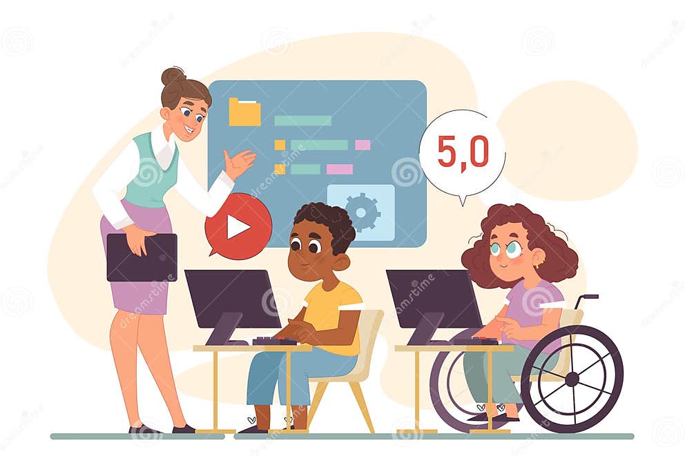 Computer Science Class for Kids. Diverse Children Programming Stock ...