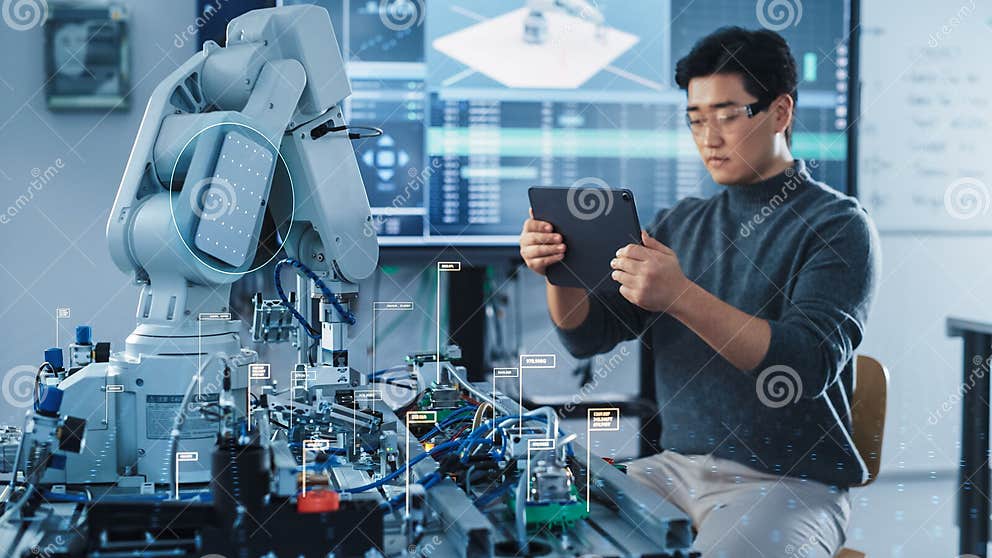 Computer Science Development Engineer Using Tablet Computer To Program and Operate a Robot Arm ...