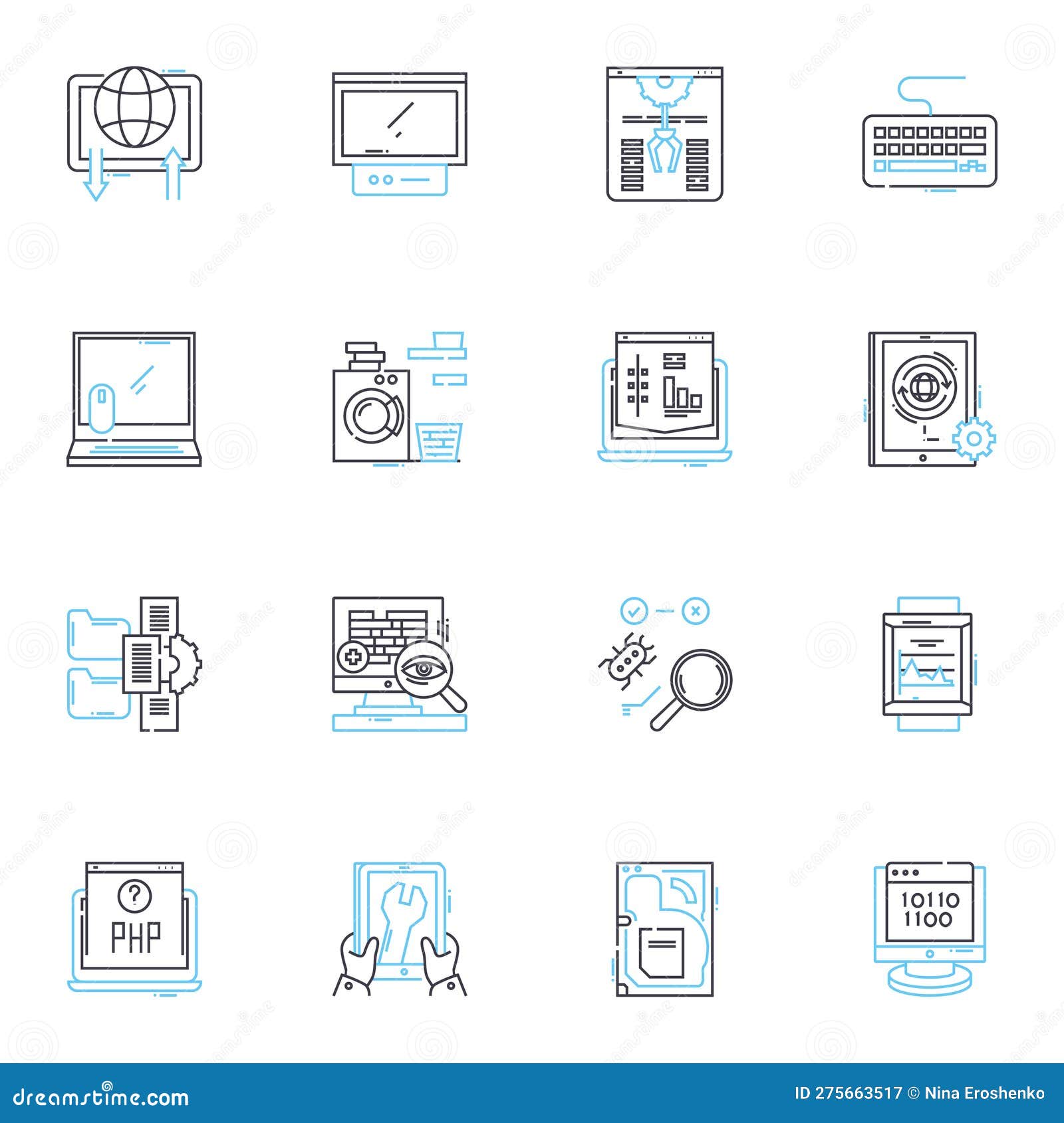 Computer Science Linear Icons Set Algorithm Data Graphics Code Memory Encryption