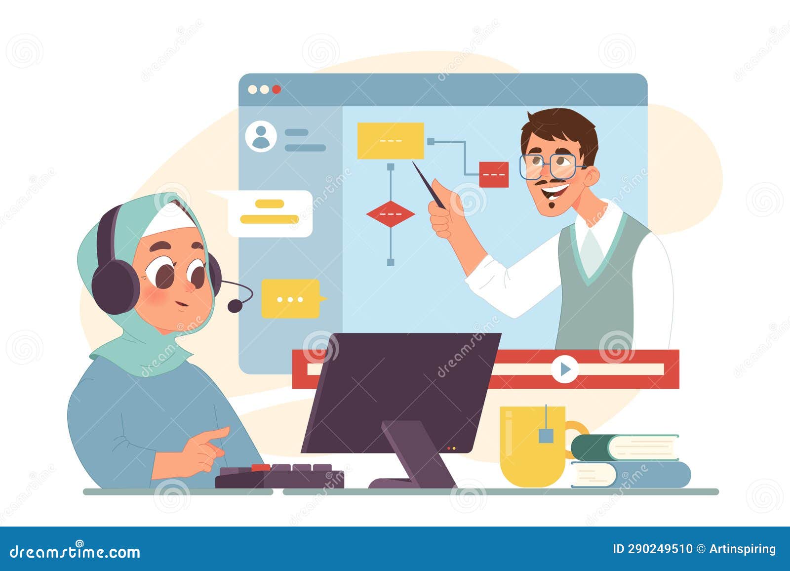 Computer Science Online Class for Kids. Little Girl in Hijab Programming Stock Vector ...