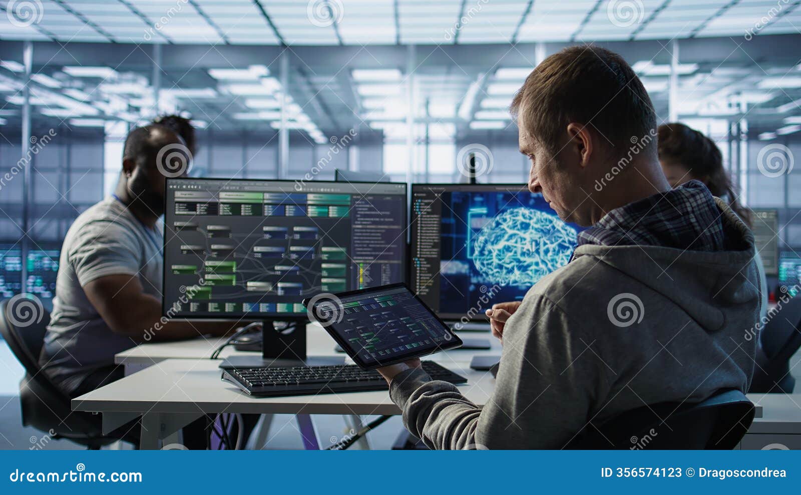 Technician Inspects Rackmounts in Server Room Using Artificial ...