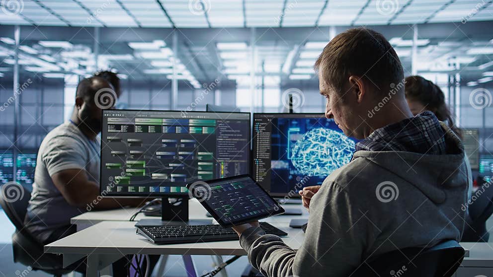 Technician Inspects Rackmounts in Server Room Using Artificial Intelligence Tech Stock Image ...