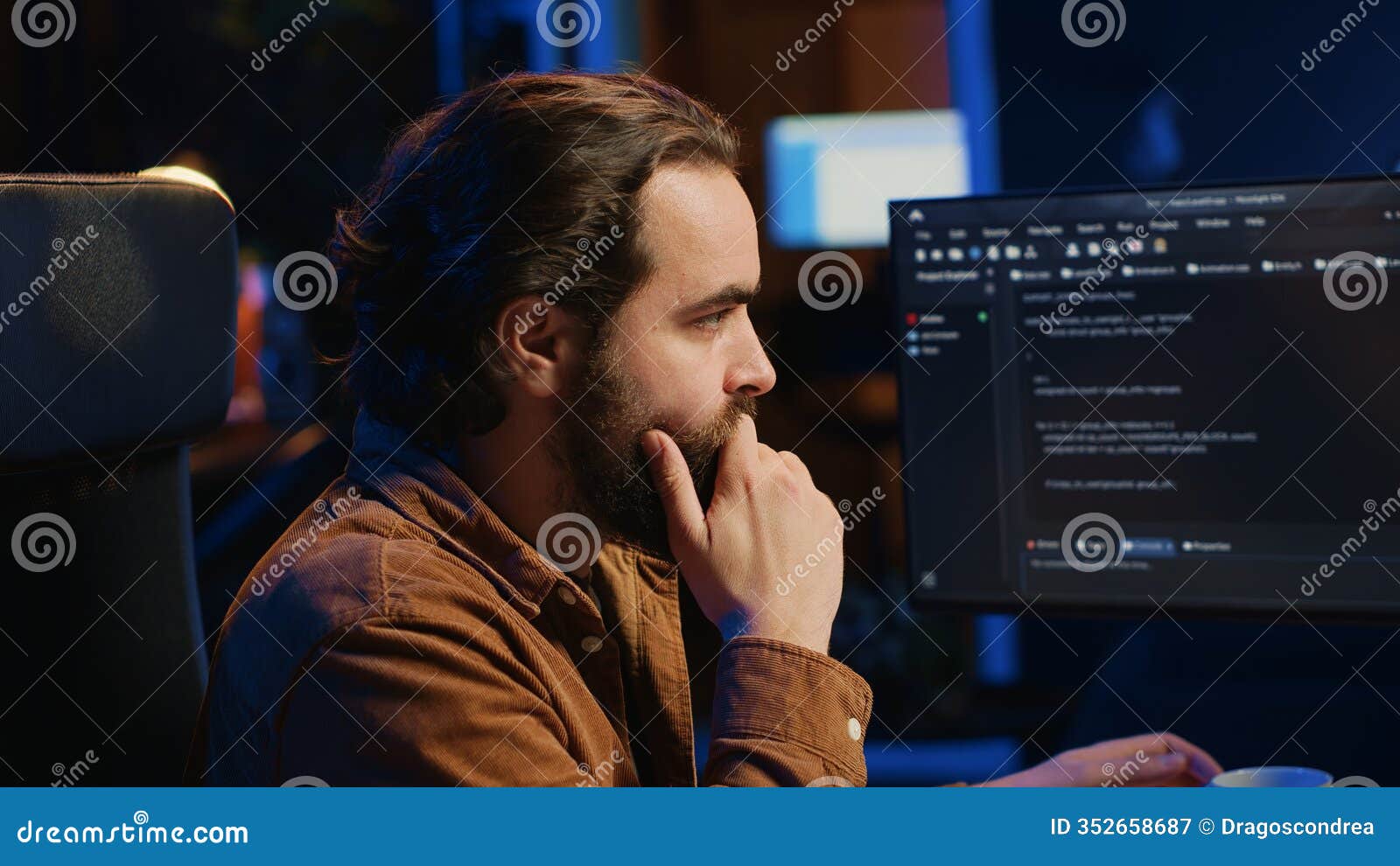 Computer Scientist Drinking Cup of Coffee while Developing Code on PC Stock Image - Image of ...