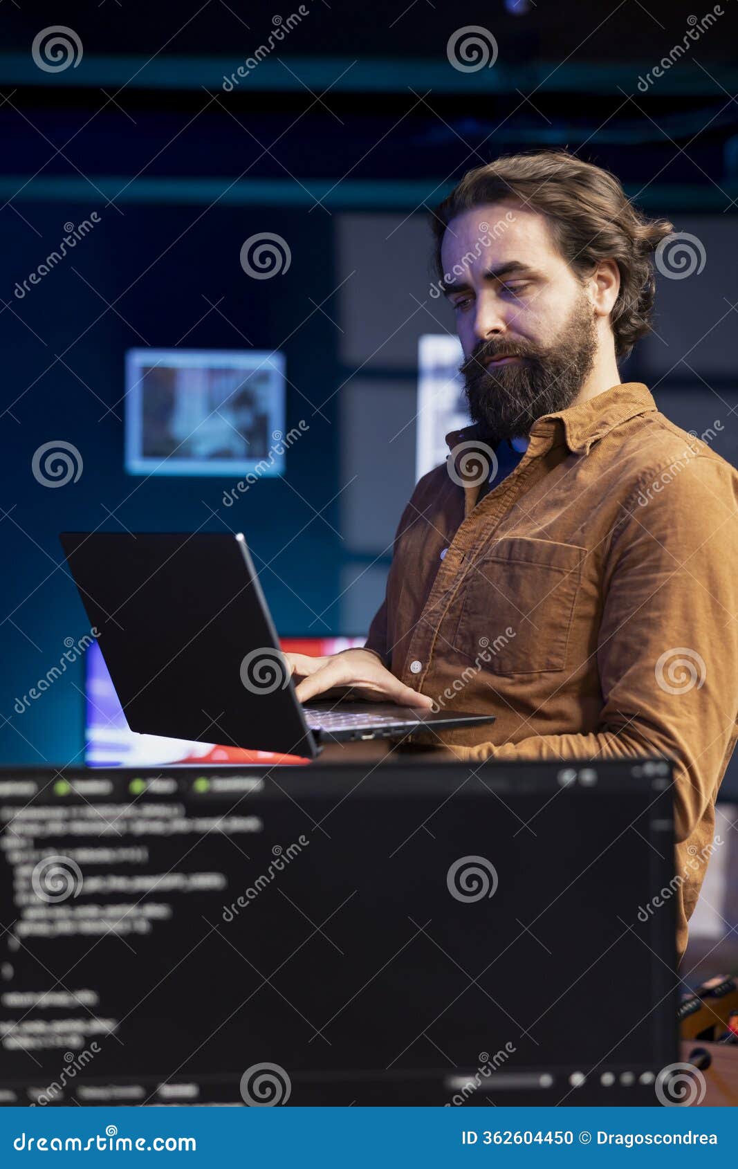 Computer Scientist Walking in Apartment Designing Software Using Laptop ...