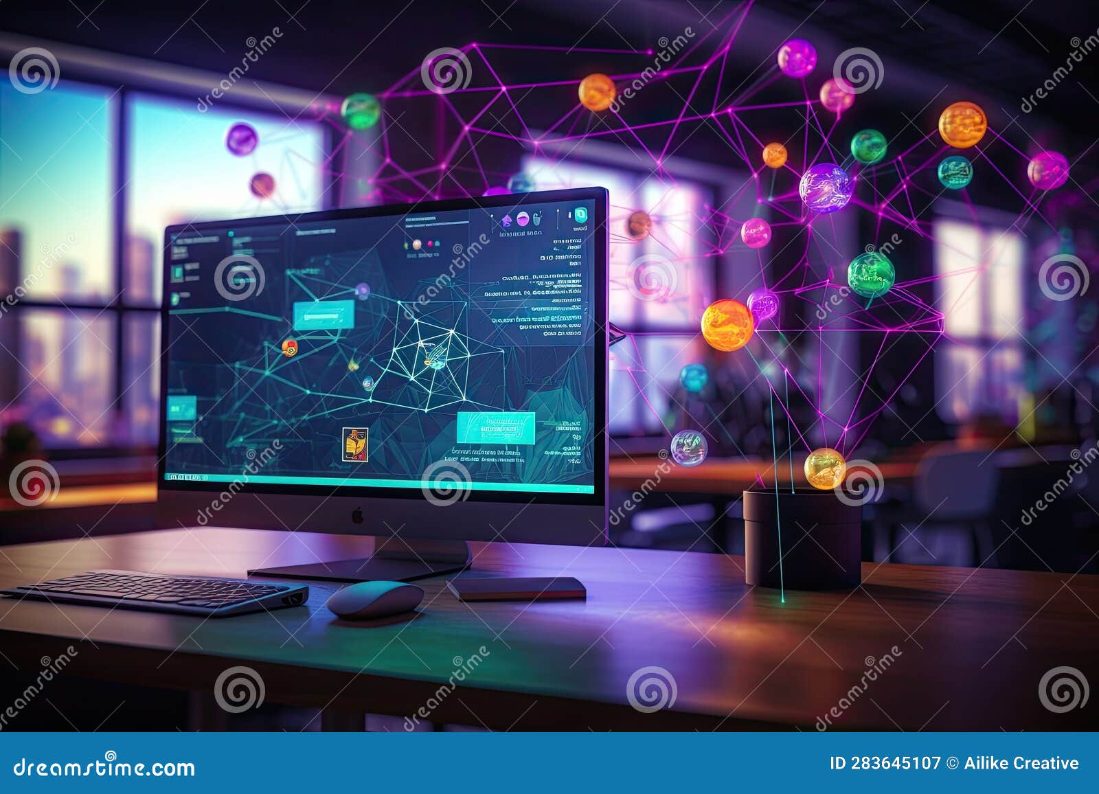 Computer Screen with Abstract Glowing Network on Office Interior ...