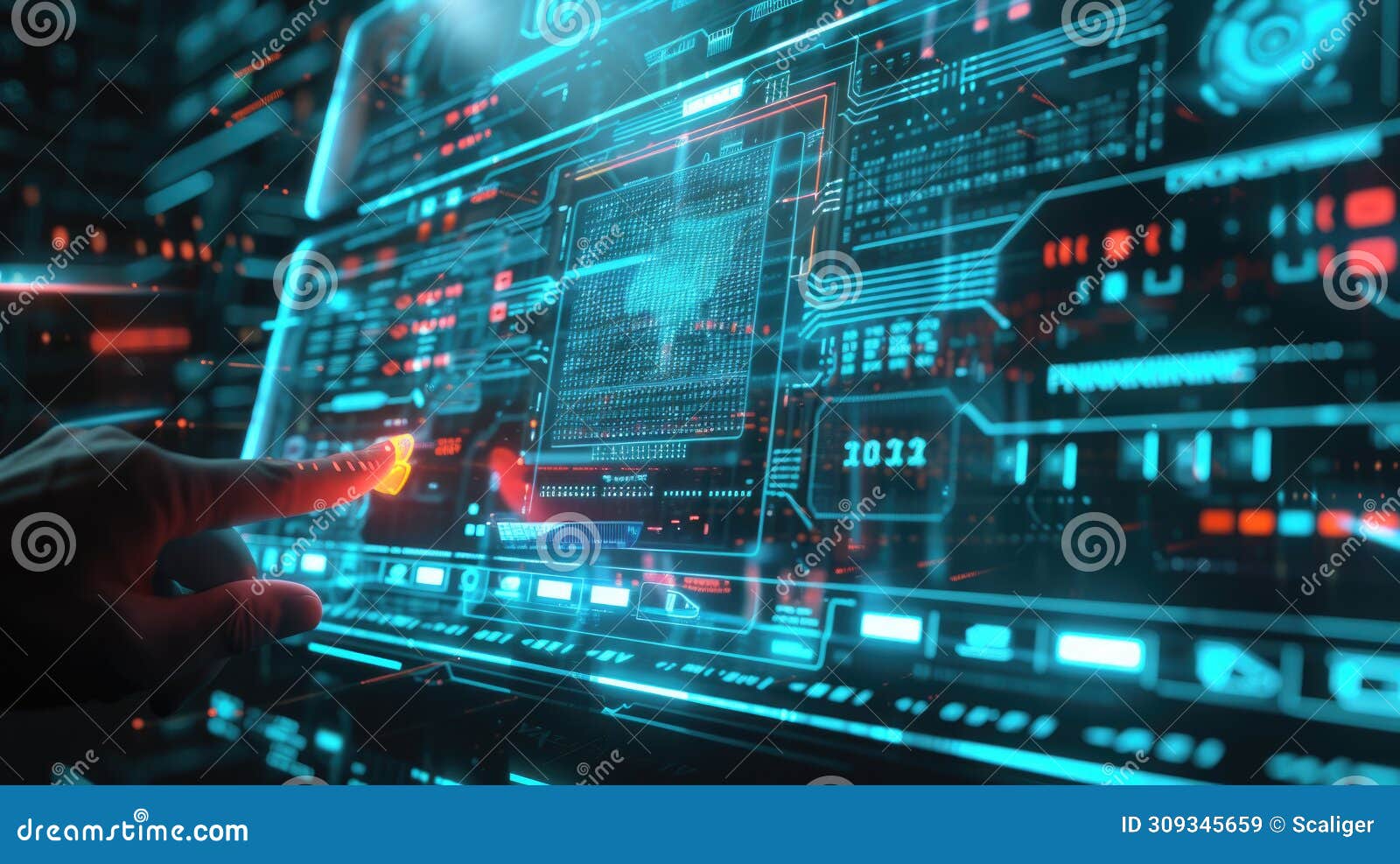 Computer Screen of AI and Hand of Operator in Dark Control Room ...