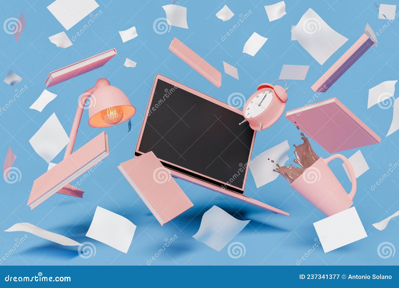 Computer Screen with Books and and Sheets of Paper Floating Stock ...