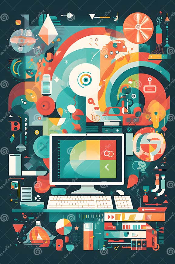 Computer Screen with Bunch of Colorful Objects Around it on Black ...