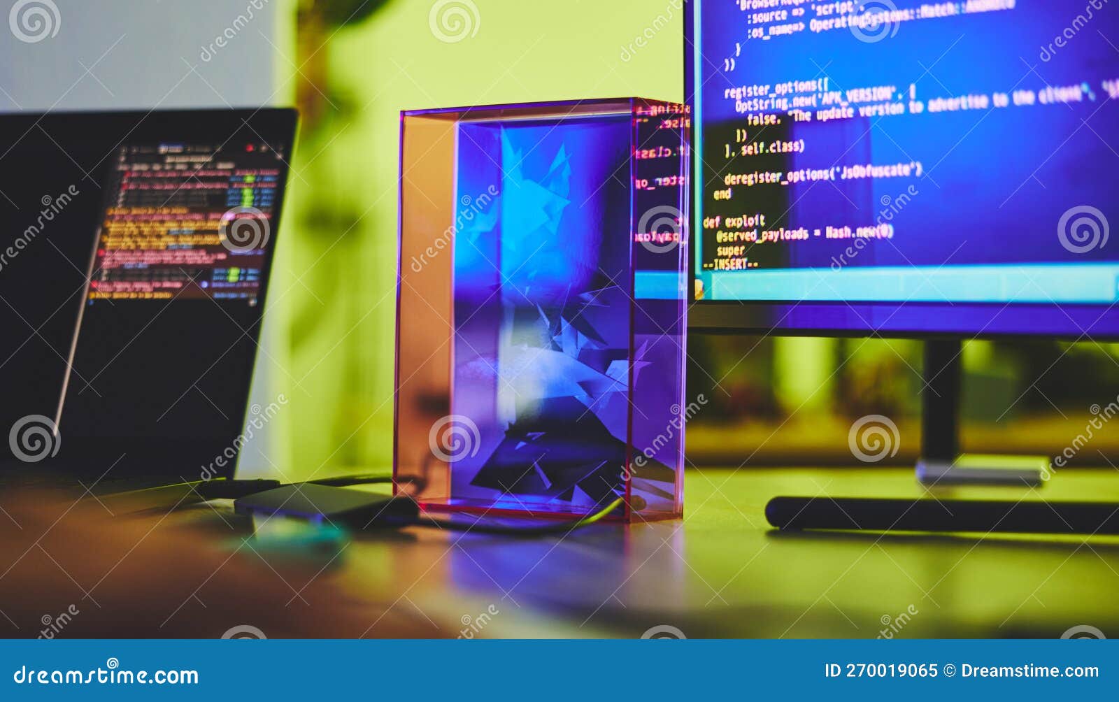 Computer Screen, Code and Desk with Programming, Technology Abstract ...