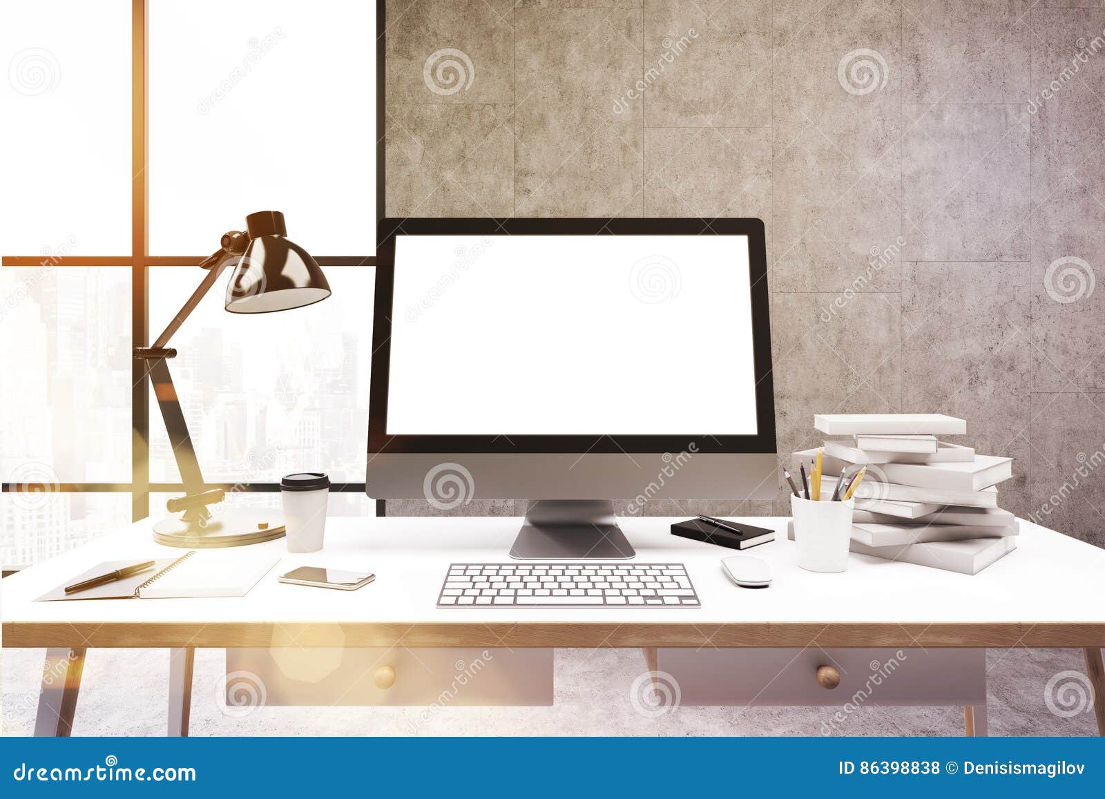 Computer Screen, Concrete Wall, Books, Toned Stock Illustration ...