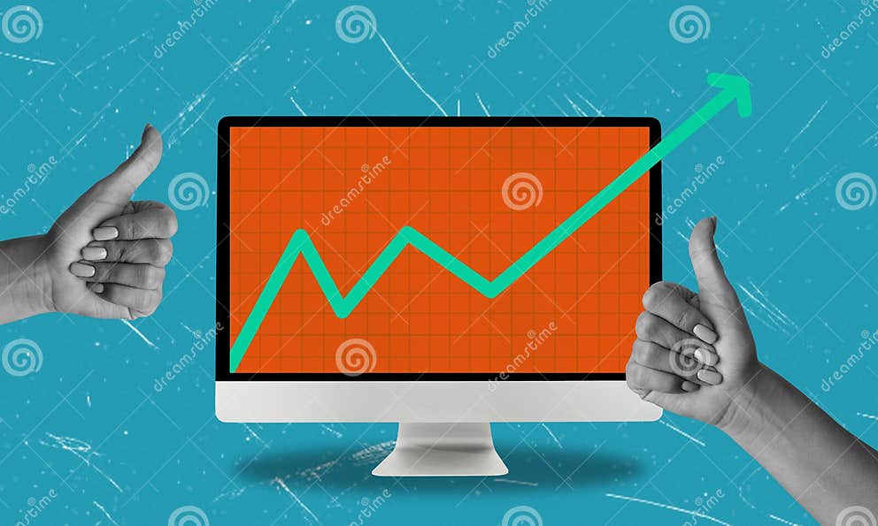 Green Upward Trending Line Graph on Computer Screen with Two Thumbs Up ...