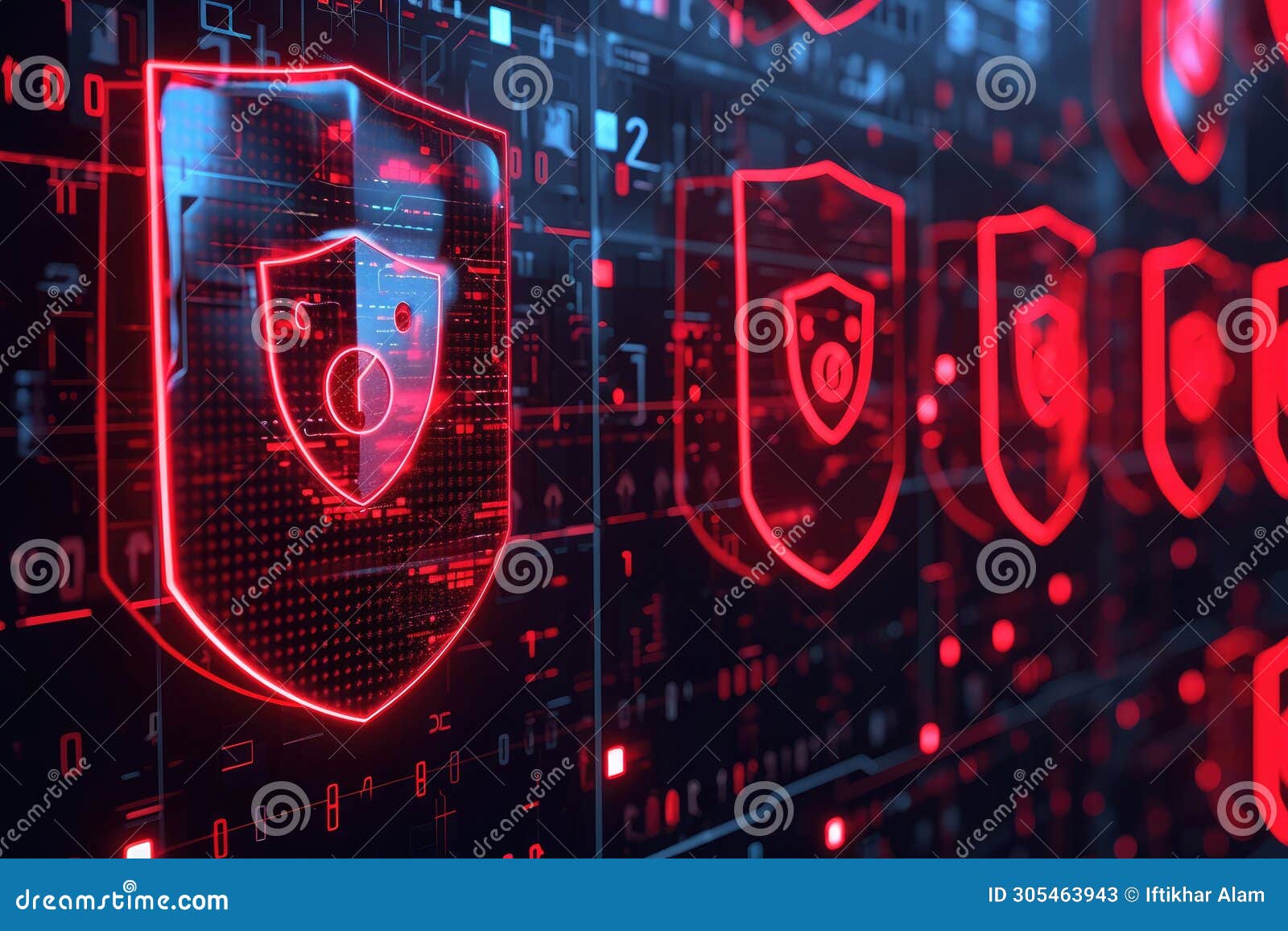 A Computer Screen Displaying a Red Glowing Shield, an Abstract ...