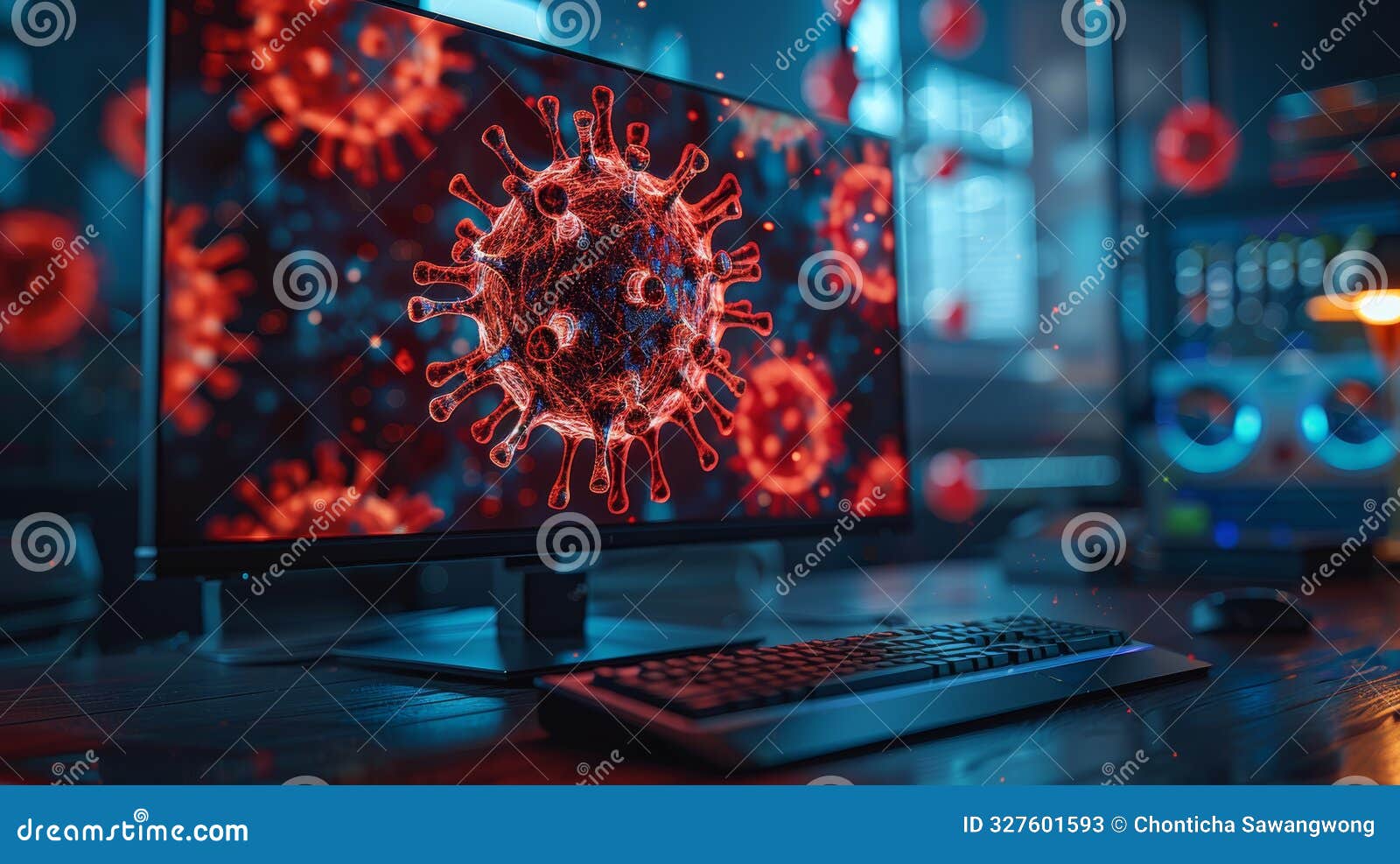 Computer Screen Displaying Virus Graphic in a Dark Room, Symbolizing ...