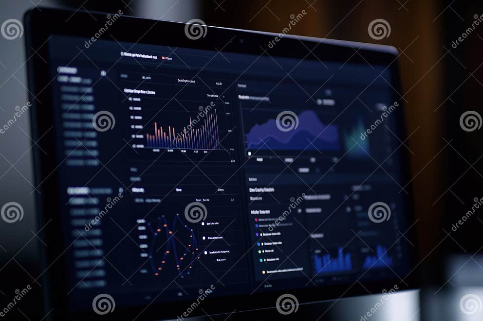 Computer Screen Displays Dashboard with Various Graphs, Charts. Dark ...