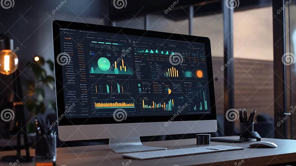 A Computer Screen Displays a Variety of Charts and Graphs in an Office ...
