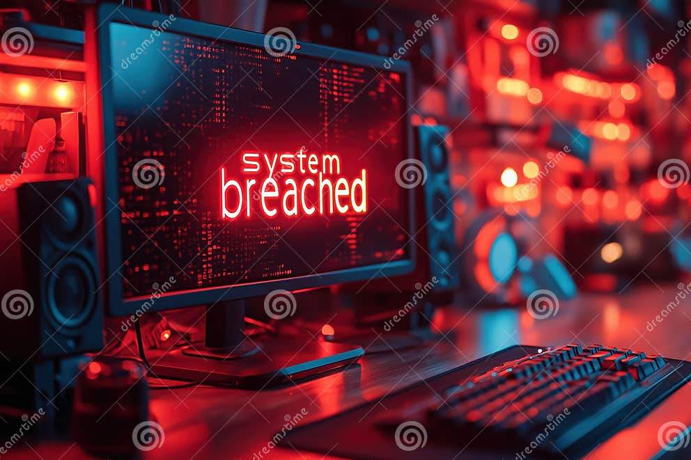 Computer Screen Displays Warning of System Breach during Late-night ...