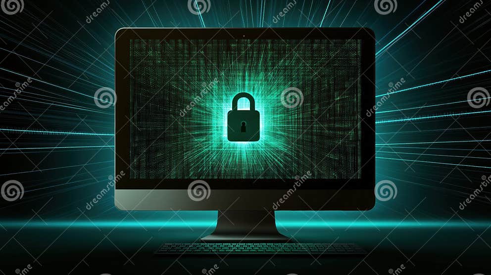 A Computer Screen Features a Central Lock Icon Against a Glowing ...