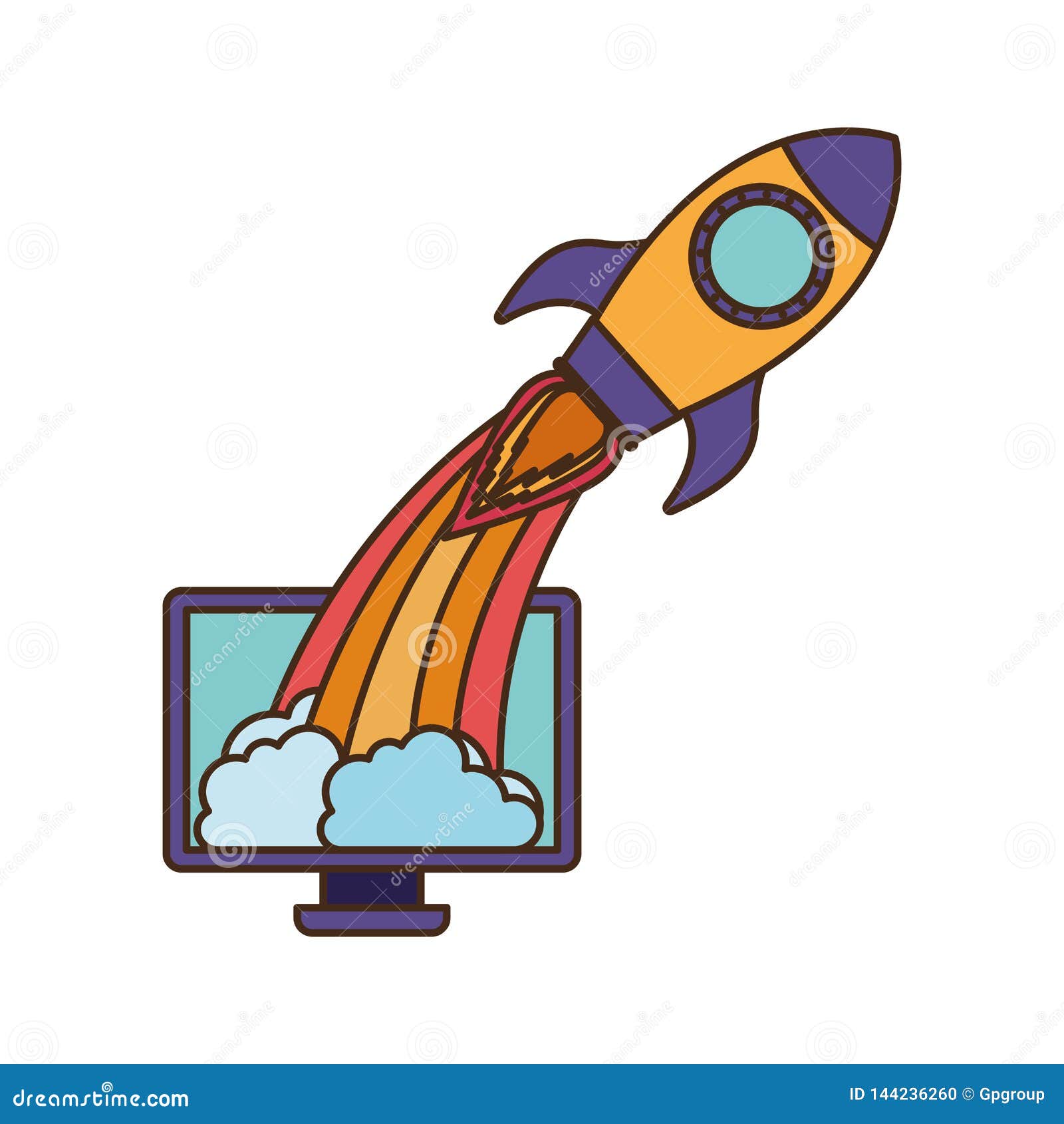 Computer Screen with Flying Rocket Isolated Icon Stock Vector ...