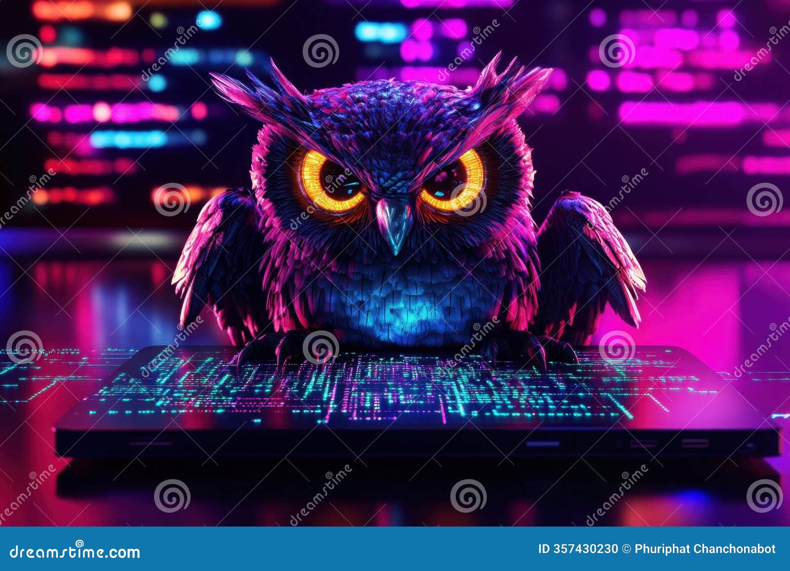 A Computer Screen with a Glowing Owl on it Stock Illustration ...