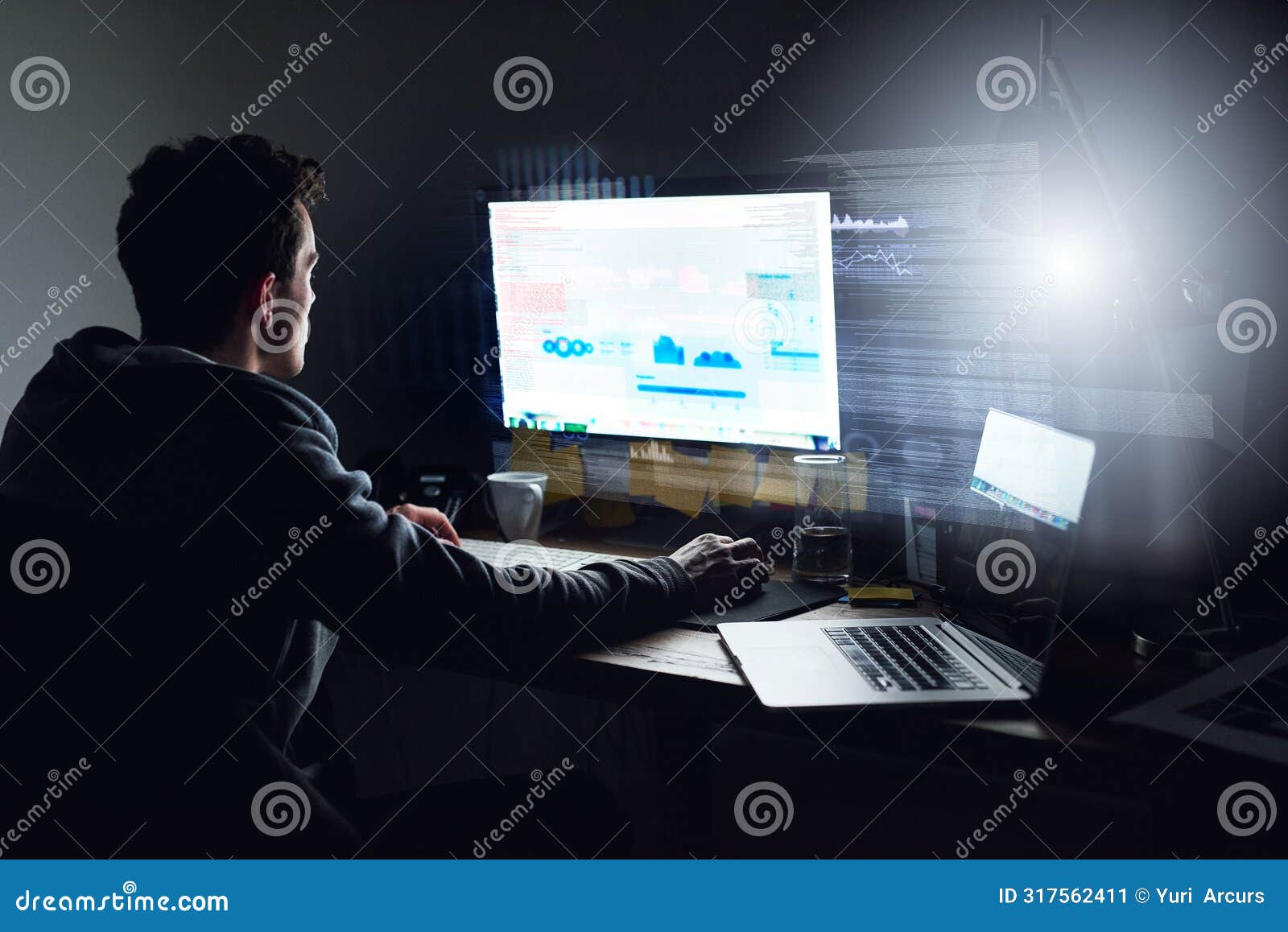 Computer Screen, Hacking and Man with Programming Overlay for Firewall ...