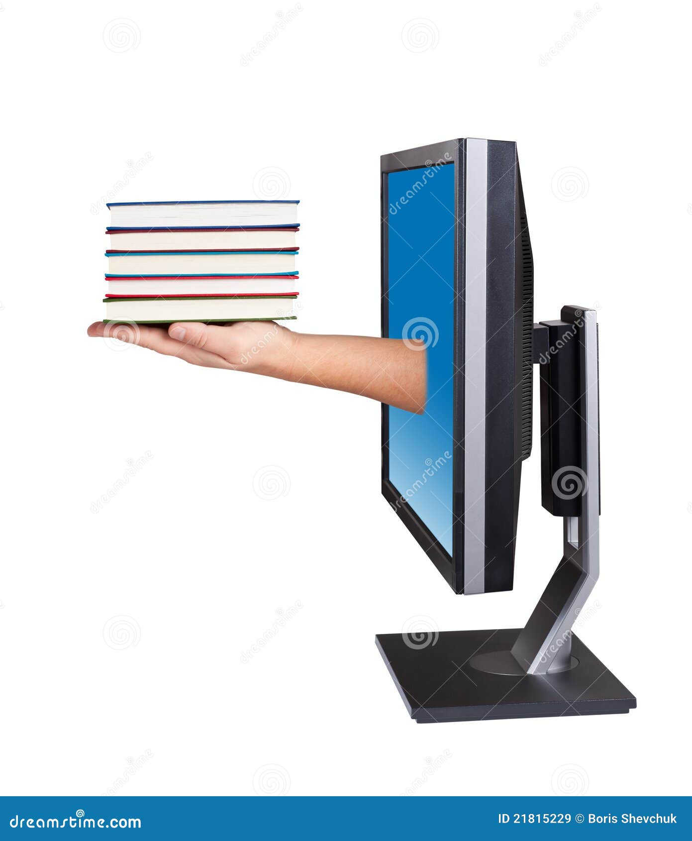 Computer Screen and Hand with Books. Stock Image - Image of heap ...