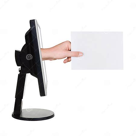 Computer Screen and Hand with Card Stock Image - Image of computer ...
