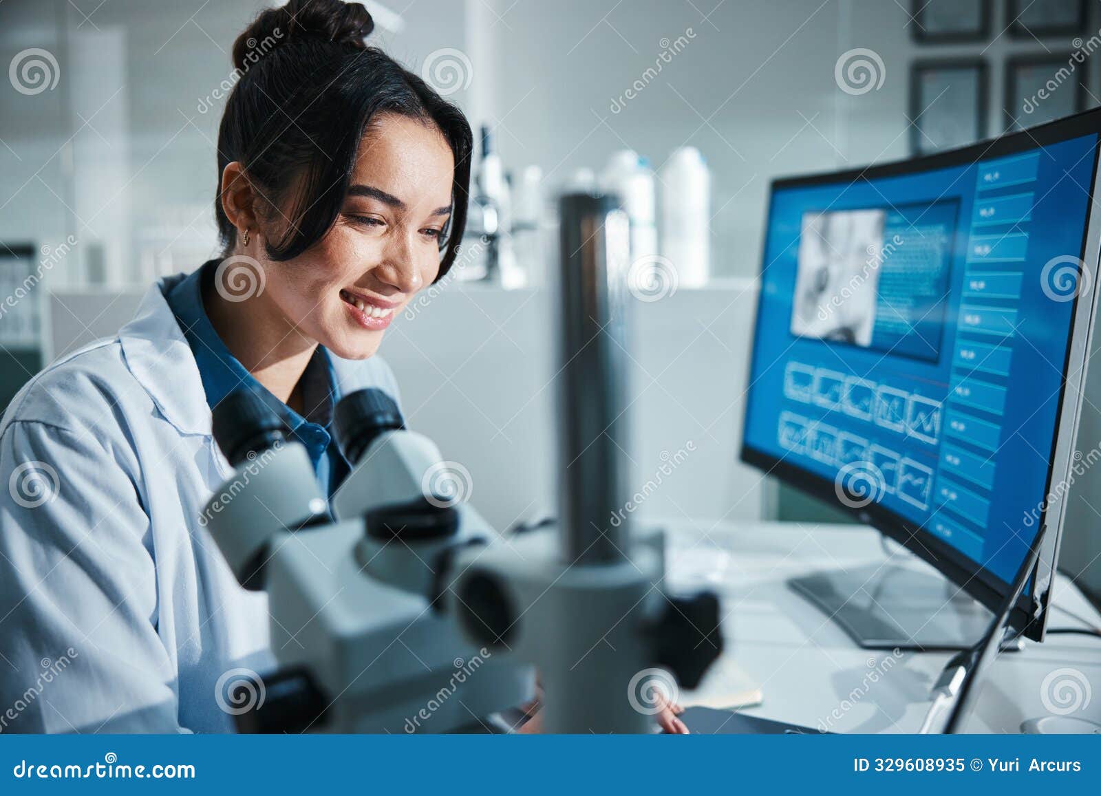 Computer Screen, Microscope and Smile with Scientist in Laboratory for ...
