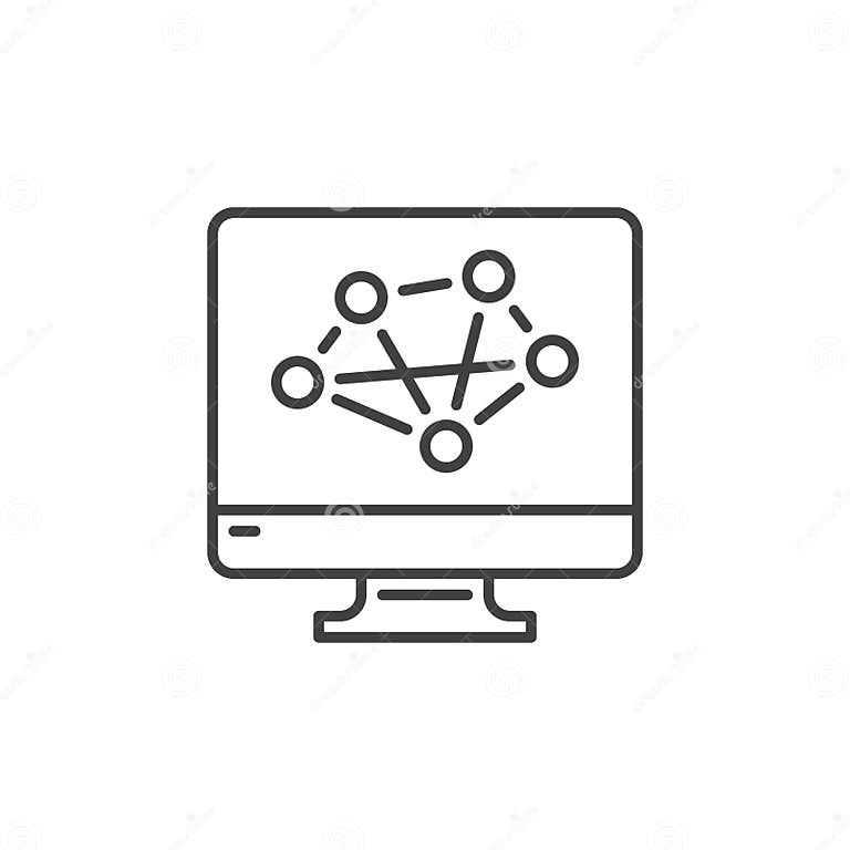 Computer Screen With Neural Network Vector Concept Outline Icon Stock Illustration
