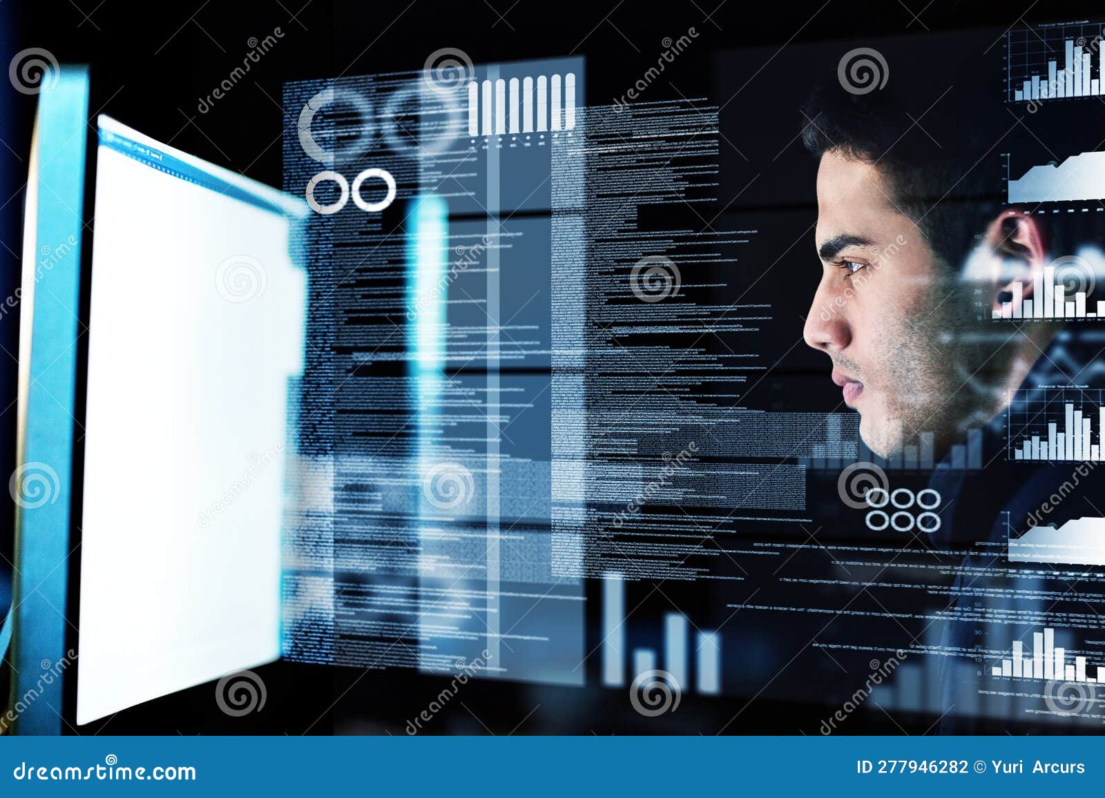 Computer Screen, Overlay and Man in Night Data Analysis, Stock Market ...